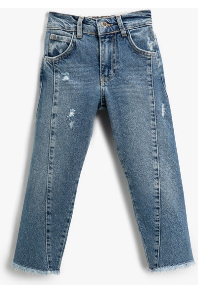 Koton Kız Çocuk Destroylu Düz Paça Relax Fit Kot Pantolon Pamuklu