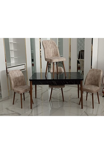 Açılır Yemek Masası 4 Sandalyeli Siyah Mermer Desen