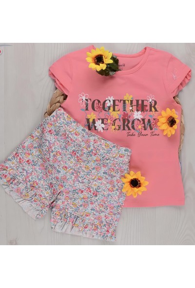 Yazı ve Çiçek Baskılı Kız Çocuk Şort Takım