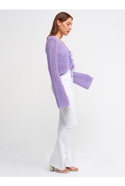 Dilvin 60130 Önü Bağcıklı Triko Hırka-Lavanta