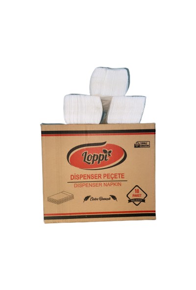 Loppi Dispanser Peçete Masaüstü Kağıt Peçete %100 Selüloz 18 Paket 100'LÜ 1 Koli Loppi Dispanser Peçete Masaüstü Kağıt Peçete %100 Selüloz 18 Paket 100'LÜ 1 Koli