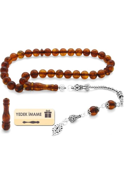 Nipora 925 Ayar Gümüş Püsküllü Küre Kesim Light Cognag Bilek Boy Damla Kehribar Tesbih