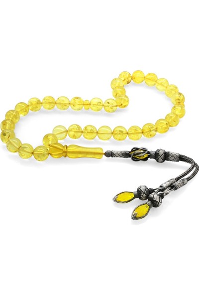 Nipora 1000 Ayar Kazaz Püsküllü Küre Kesim Kristal Desenli Soft Sarı Damla Kehribar Tesbih