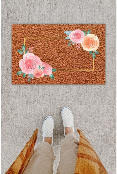 Parla Dijital Baskı Dekoratif Çiçek Kahverengi Kapı Önü Paspası PS1229