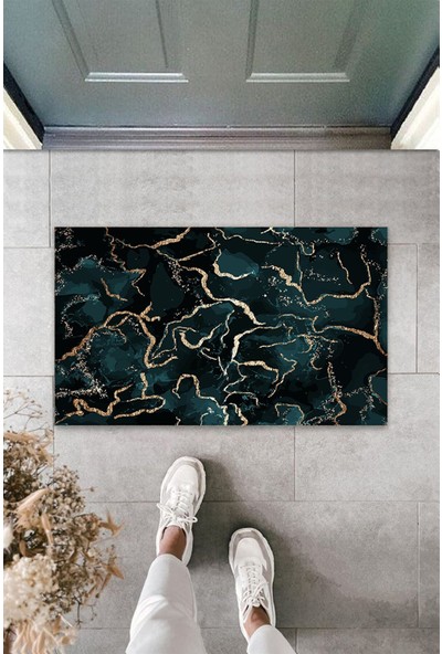 Parla Dijital Modern Yeşil-Gold Kapı Paspası Dış Mekan Paspas PS986