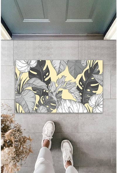 Parla Dekoratif Dijital Baskı Gri Yaprak Dış Mekan Paspas PS1162