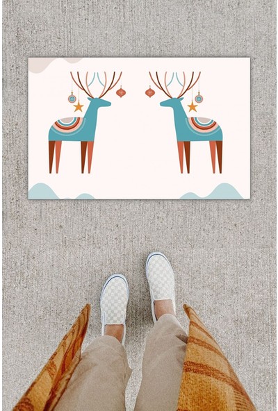 Parla Dijital Baskı Dekoratif 2'li Geyik Bej Kapı Önü Paspası PS1232