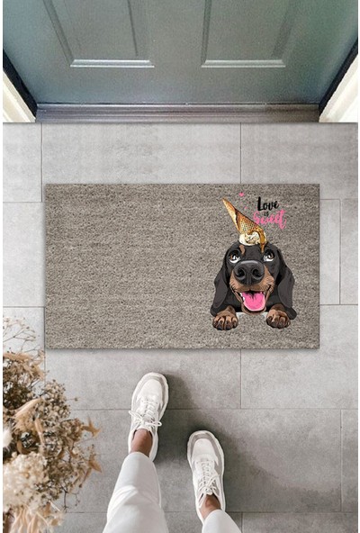Parla Dijital Baskı Gri Love Sweet Kafasında Külahlı Dondurmalı Köpek Dekoratif Kapı Paspası PS1310