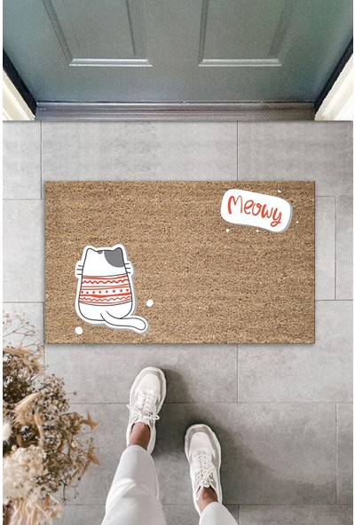 Parla Dijital Baskı Kahverengi Meowy Yazılı Arkasını Dönmüş Kazaklı Kedi Kapı Paspası PS1330