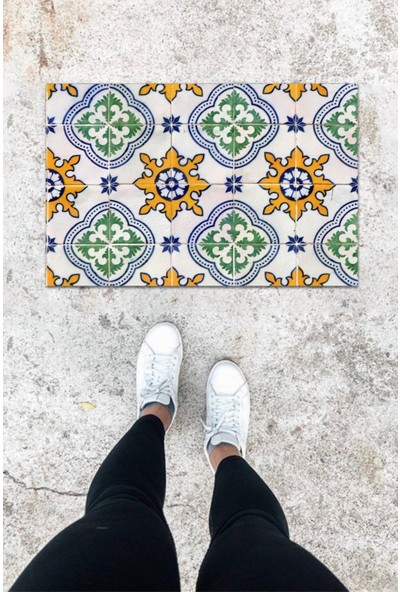 Parla Dijital Baskı Yeşil Çini Desen Kapı Önü Paspası PS1398