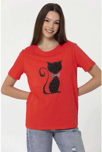 So Sweet Kedi Baskılı Kadın T-Shirt - Nar ÇIÇEĞI-SO22Y0115047-245
