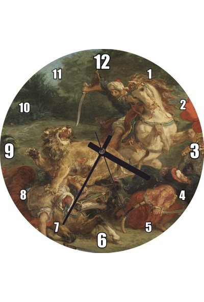 Cakatablo Aslan Avı Eugène Delacroix Sanat Görseli Duvar Saati (Çap 50X50 cm ) Cakatablo Aslan Avı Eugène Delacroix Sanat Görseli Duvar Saati (Çap 50X50 cm )
