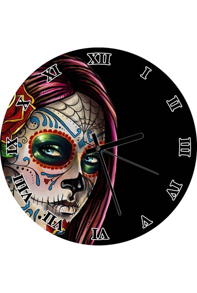Cakatablo Siyah Zeminde Meksika Catrina Makyajı Duvar Saati (Çap 50X50 cm ) Cakatablo Siyah Zeminde Meksika Catrina Makyajı Duvar Saati (Çap 50X50 cm )