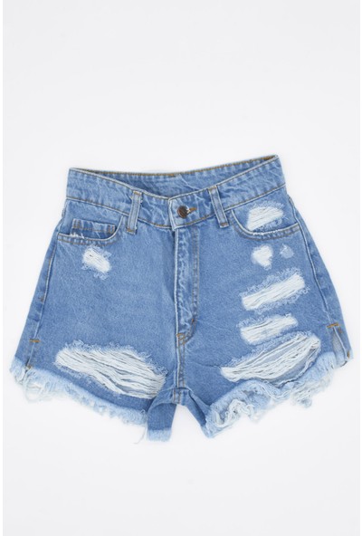 Kadın Yüksek Bel Yırtık Detaylı Koyu Mavi Kot Şort