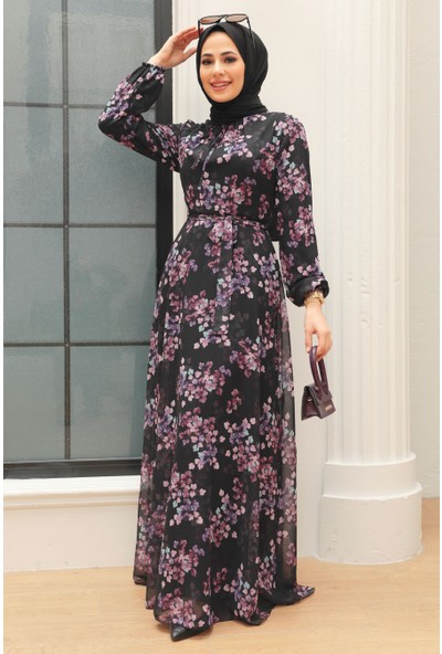 Neva Style - Çiçek Desenli Siyah Tesettür Elbise 279061S Neva Style - Çiçek Desenli Siyah Tesettür Elbise 279061S