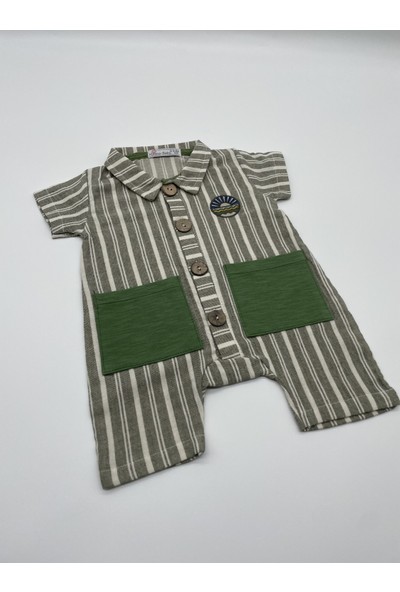 E&G Ham Keten Ahşap Düğmeli Yazlık Bebek Tulumu