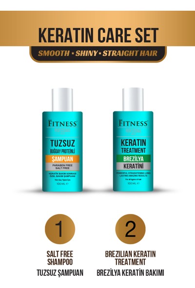 Fitness Professional Saç Düzleştirici Keratin Bakımı ve Tuzsuz Şampuan Seti 100 ml + 100 ml Fitness Professional Saç Düzleştirici Keratin Bakımı ve Tuzsuz Şampuan Seti 100 ml + 100 ml