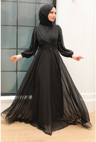 Neva Style Tesettürlü Abiye Elbise - Dantel Detaylı Siyah Tesettür Abiye Elbise 3435S