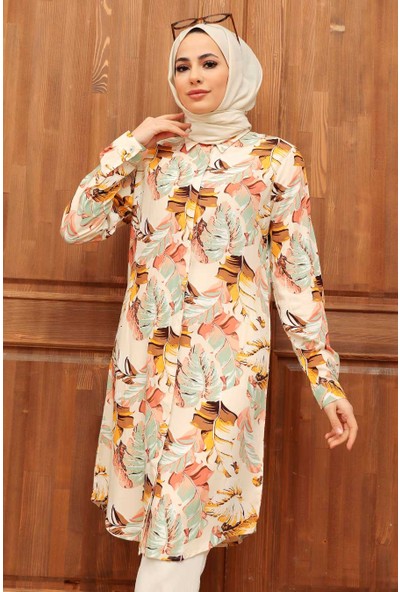 Neva Style - Desenli Ekru Tesettür Viskon Tunik 11579E Neva Style - Desenli Ekru Tesettür Viskon Tunik 11579E