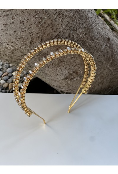 Whoknows Gold Çift Sıralı Taşlı Taç Saç Bandı