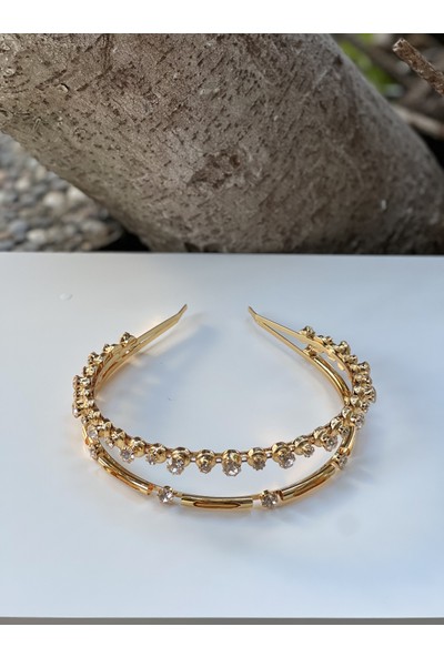 Whoknows Taşlı Gold Çift Sıralı Taç Saç Bandı Kadın