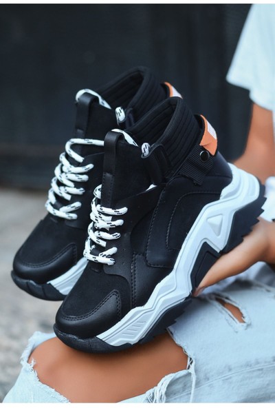Fupe Shop Aslıhan Siyah Bağcıklı Lüks Deri Yüksek Taban Spor Kadın Bot