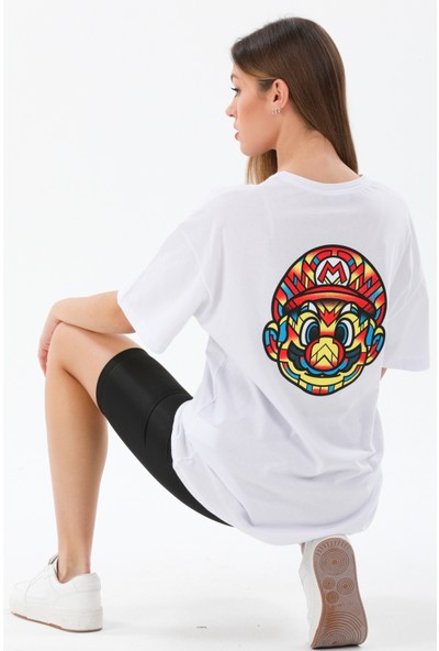 Quilez Unisex Beyaz Mario Baskılı Oversize T-Şhirt
