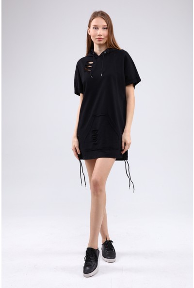 Home Store Sweatdress Eucu X-Ipli Yırtıklı Kapşonlu Kolsuz Siyah