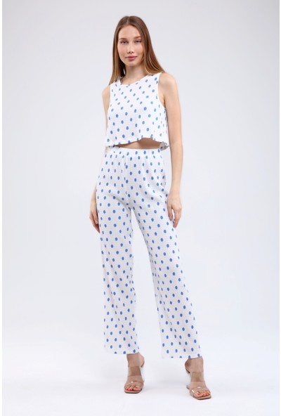 Home Store Pantalon Beli Lastikli Puantiyeli Crinkle Mavı Home Store Pantalon Beli Lastikli Puantiyeli Crinkle Mavı