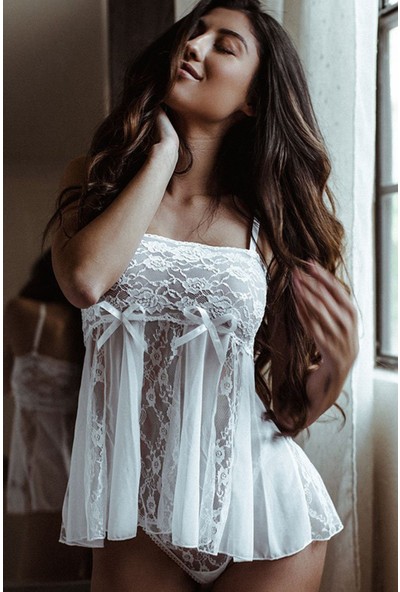 Kadın Beyaz Askılı Fantazi Baybdoll Tanga Takım