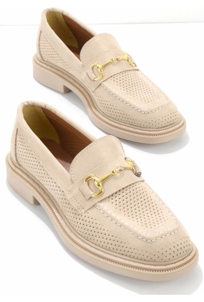 Bambi Bej Süet Kadın Loafer Ayakkabı K016400006