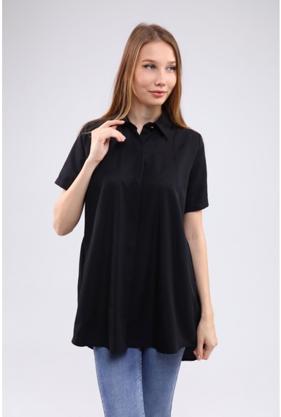 Home Store Gömlek Uzun Çizgili 2-Cepli ½-Dkol Gizli Düğme Siyah
