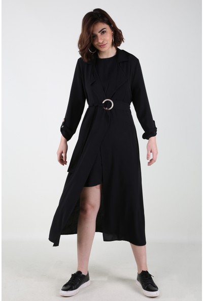 Z Giyim Kadın Siyah Apolet Detaylı Kemerli Kap Z Giyim Kadın Siyah Apolet Detaylı Kemerli Kap