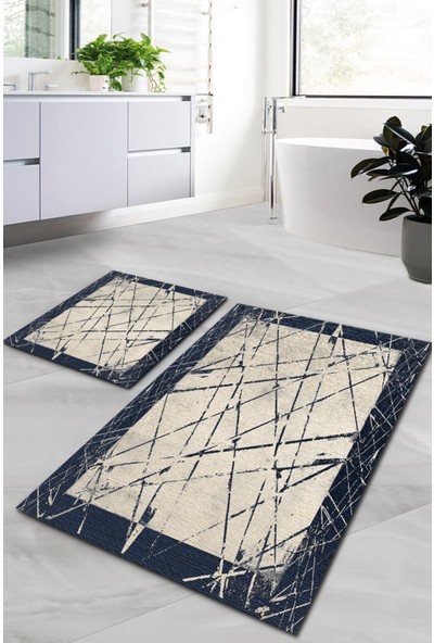 Krem - Lacivert Çizgisel Desenli 2'li Halı Takımı (60X100/40X60) - CP1330