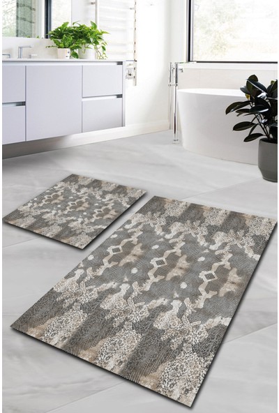 Gri - Krem Çizgisel Desenli 2'li Halı Takımı (60X100/40X60) - CP1331