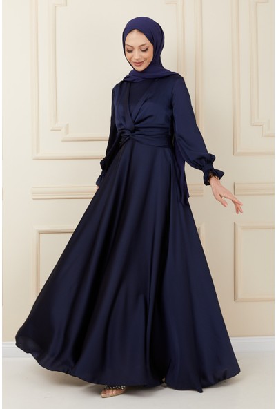 İmaj Butik Bilek Büzgülü Mevlana Saten Tesettür Abiye/lacivert