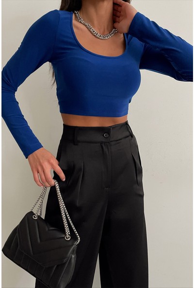 MyLove Kare Yaka Basic Bluz Saks Mavisi