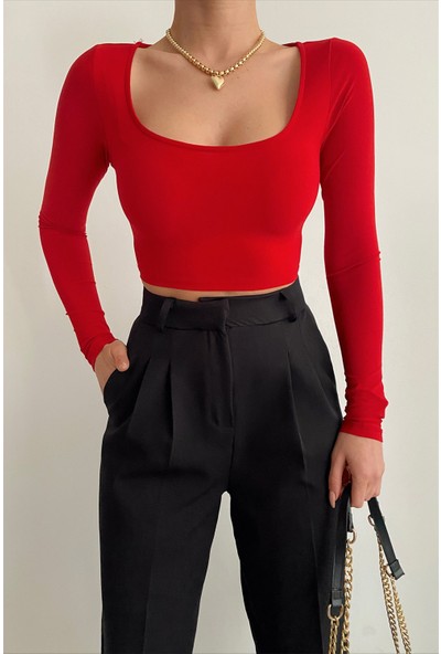 MyLove Kare Yaka Basic Bluz Kırmızı