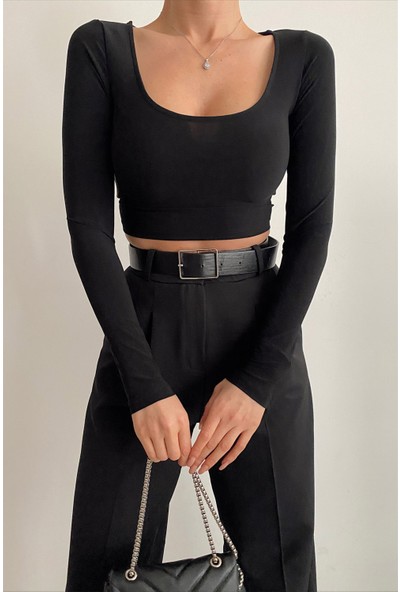 MyLove Kare Yaka Basic Bluz Siyah