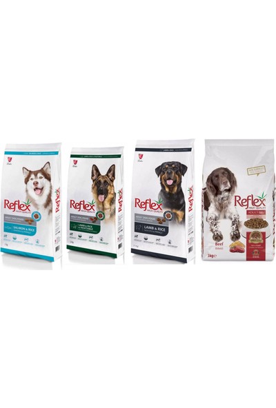 Reflex Kuzu Etli, Pirinçli ve Sebzeli & Kuzu Etli, Pirinçli & Yüksek Enerjili, Biftekli & Balıklı, Pirinçli Yetişkin Köpek Maması 3 kg x 4 Adet