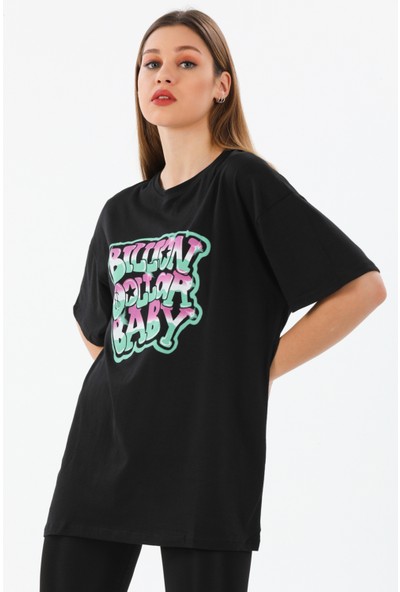 Quilez Unisex Siyah Baskılı Oversize T-Şhirt