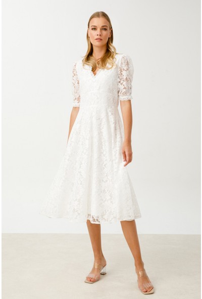 Ekol Kadın V Yaka Dantel Elbise 6054126 Ekru