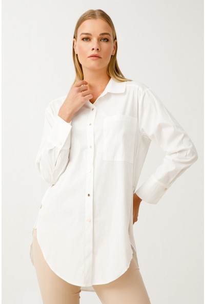 Ekol Kadın Polo Yaka Düğme Detaylı Gömlek 6053402 Ekru