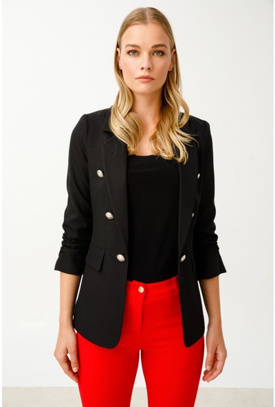 Ekol Kadın Kolu Büzgülü Süs Düğmeli Ceket 6055034 Siyah Ekol Kadın Kolu Büzgülü Süs Düğmeli Ceket 6055034 Siyah