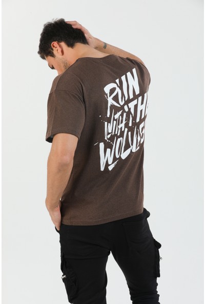 Quilez Unisex Kahve Renk Run Baskılı Oversize T-Şhirt Quilez Unisex Kahve Renk Run Baskılı Oversize T-Şhirt