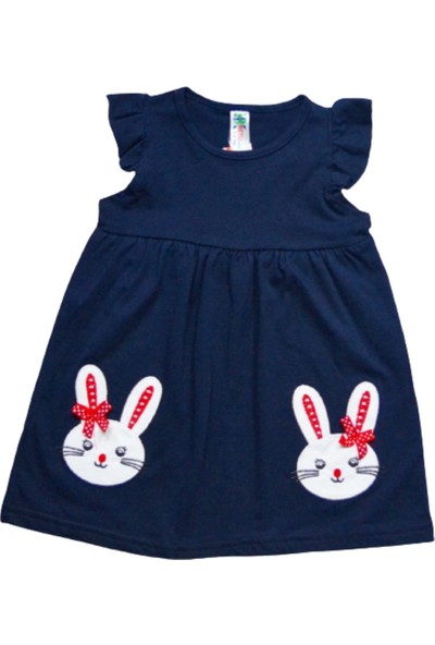 Betu - Lacivert Tavşan Nakışlı Kız Çocuk Elbise 3-7 Yaş