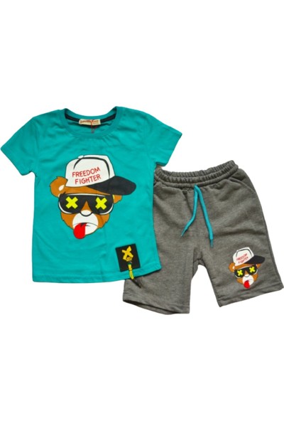 Kırmızı Çocuk - Ayıcık Freedom Baskılı Cepli Alt Üst Takım Yeşil 3-6 Yaş