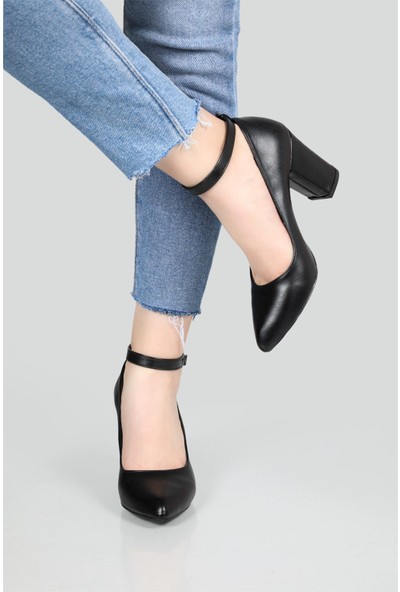 Carla Bella Bilekten Bantlı 7 cm Kalın Topuklu Siyah Kadın Ayakkabı AZADE07