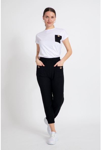 Giysa Kadın Süs Cepli Kısa Kol Beyaz- Siyah Ikili Takım Giysa Kadın Süs Cepli Kısa Kol Beyaz- Siyah Ikili Takım