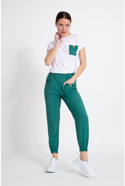 Giysa Kadın Süs Cepli Kısa Kol Beyaz-K.yeşil Ikili Takım